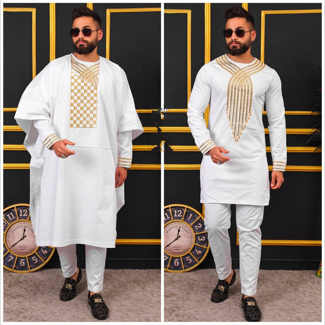 White Agbada 3 Piece Men's African Wedding Guest Attire Groom Groomsmen ...