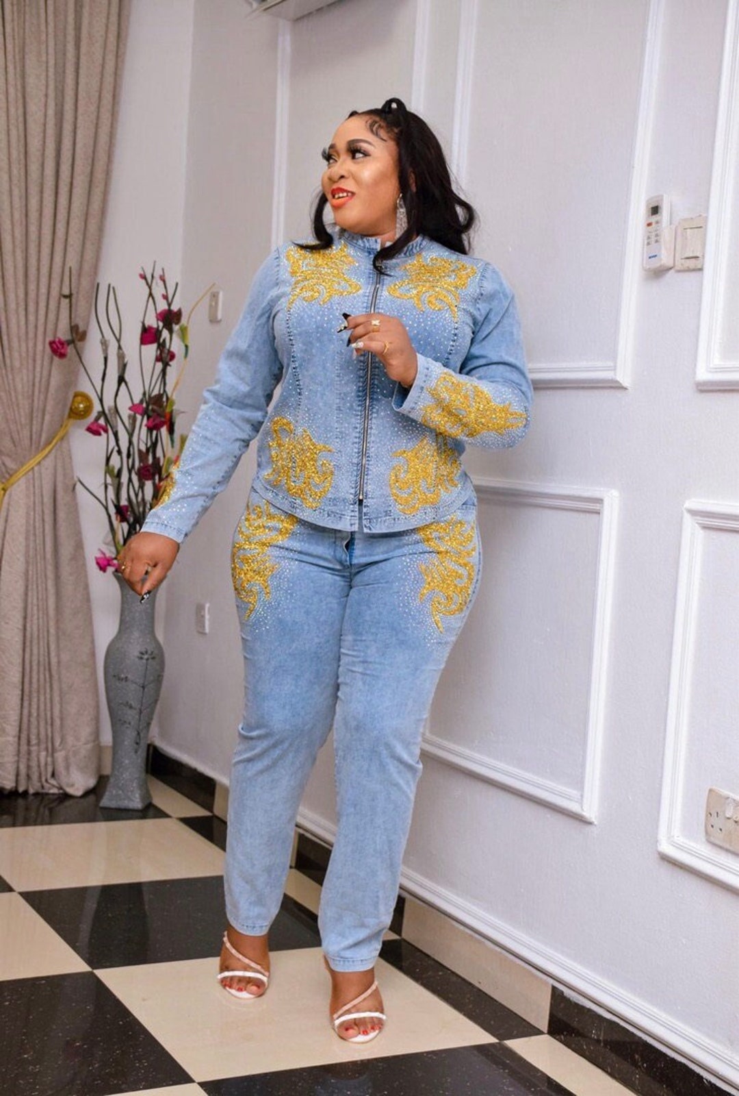 Women's Jeans Set With Rhinestones, Stretch Curvy Weekend Denim Diamond ...