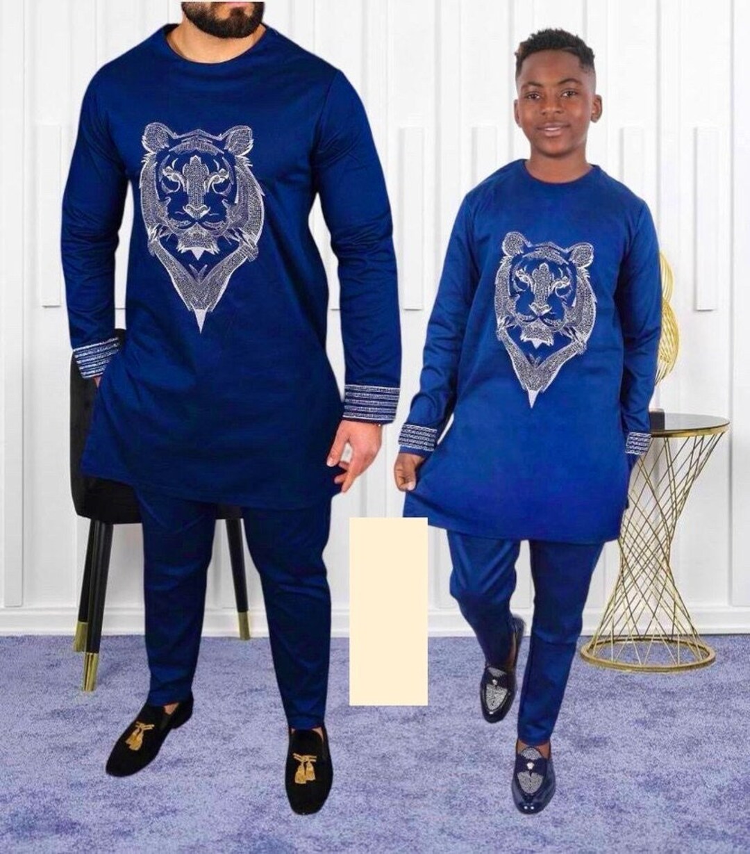Blue African Clothing Father Son Embroidered Shirt Matching Pants ...