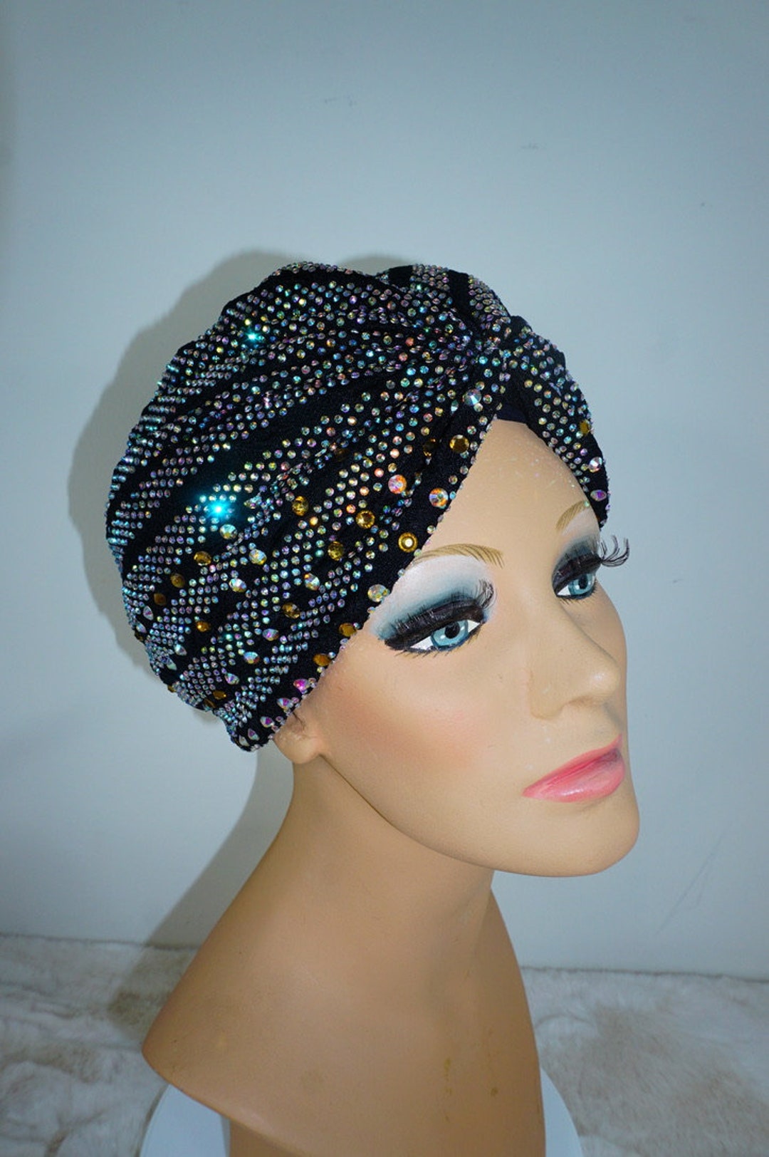 Black Turban Rhinestones Party Fashion Headwear, Ready to Wear Pre-tied ...