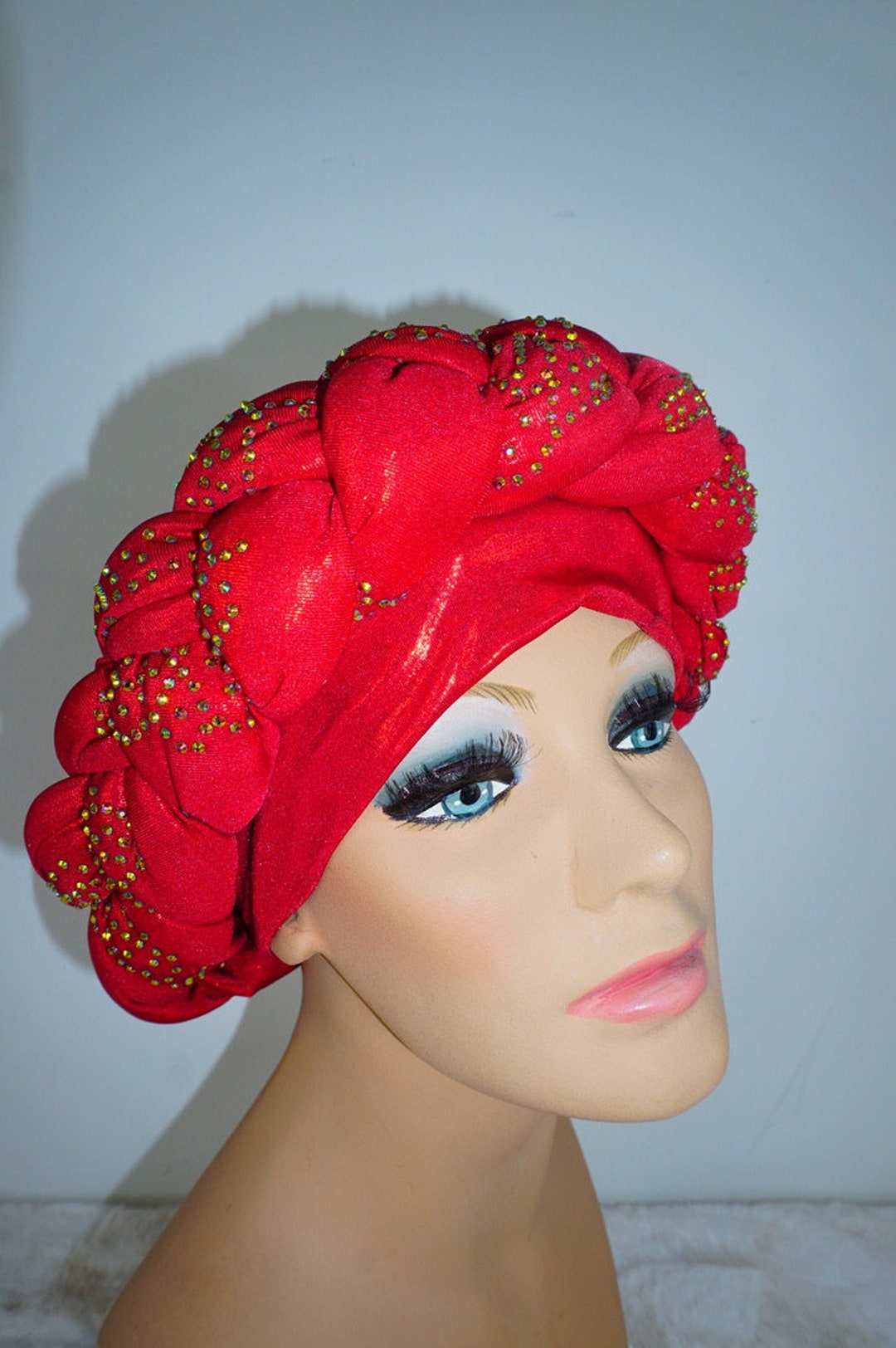 Metallic Red Pre-tied Turban Hat, Fashion Turban With Rhinestones ...