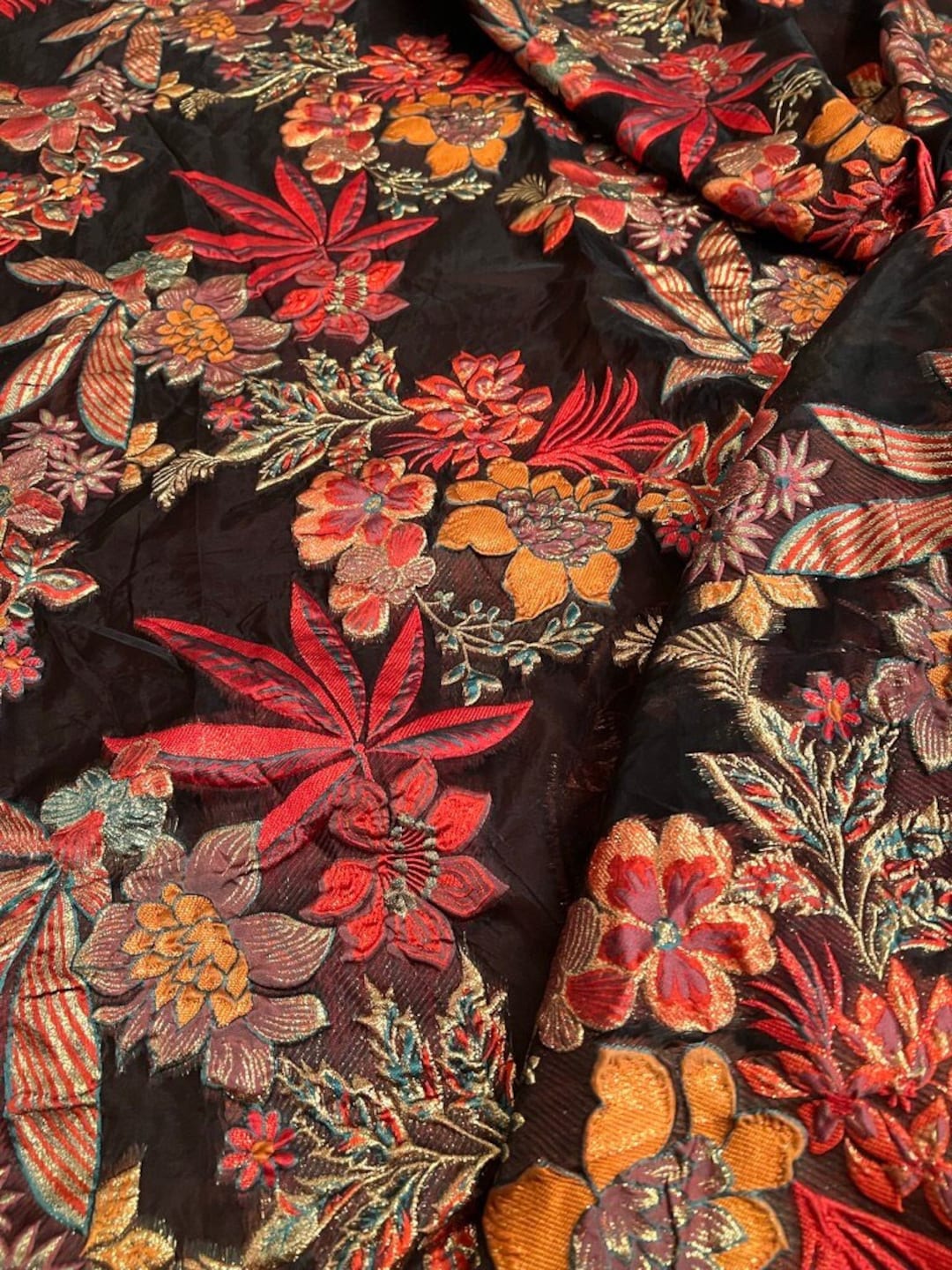 Metallic Orange Brocade Fabric by the Yard, Sheer Embossed Gold Floral ...