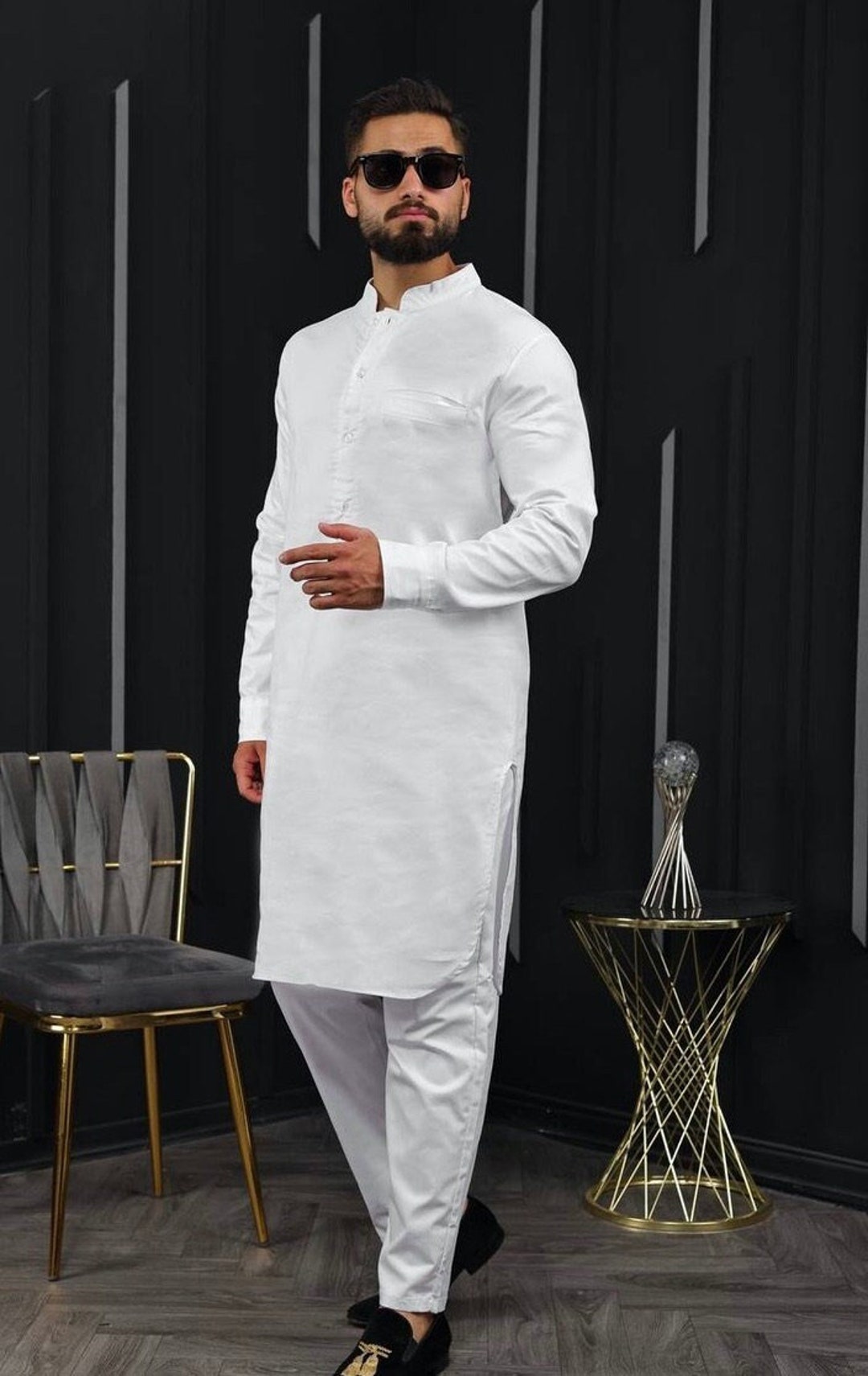 White Kaftan Men's Outfit, Cotton Shirt Pants, Birthday Wedding Grooms ...