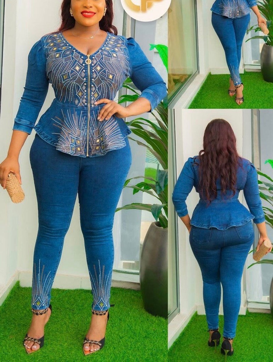 Women's Jeans Set With Rhinestones, Stretch Curvy Weekend Denim Bling ...