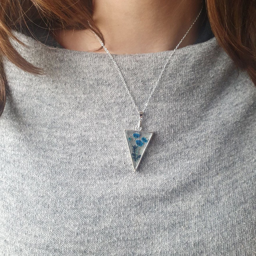 Blue Dried Flower Necklace in Uv Resin. Triangle Pendant. Geometry ...