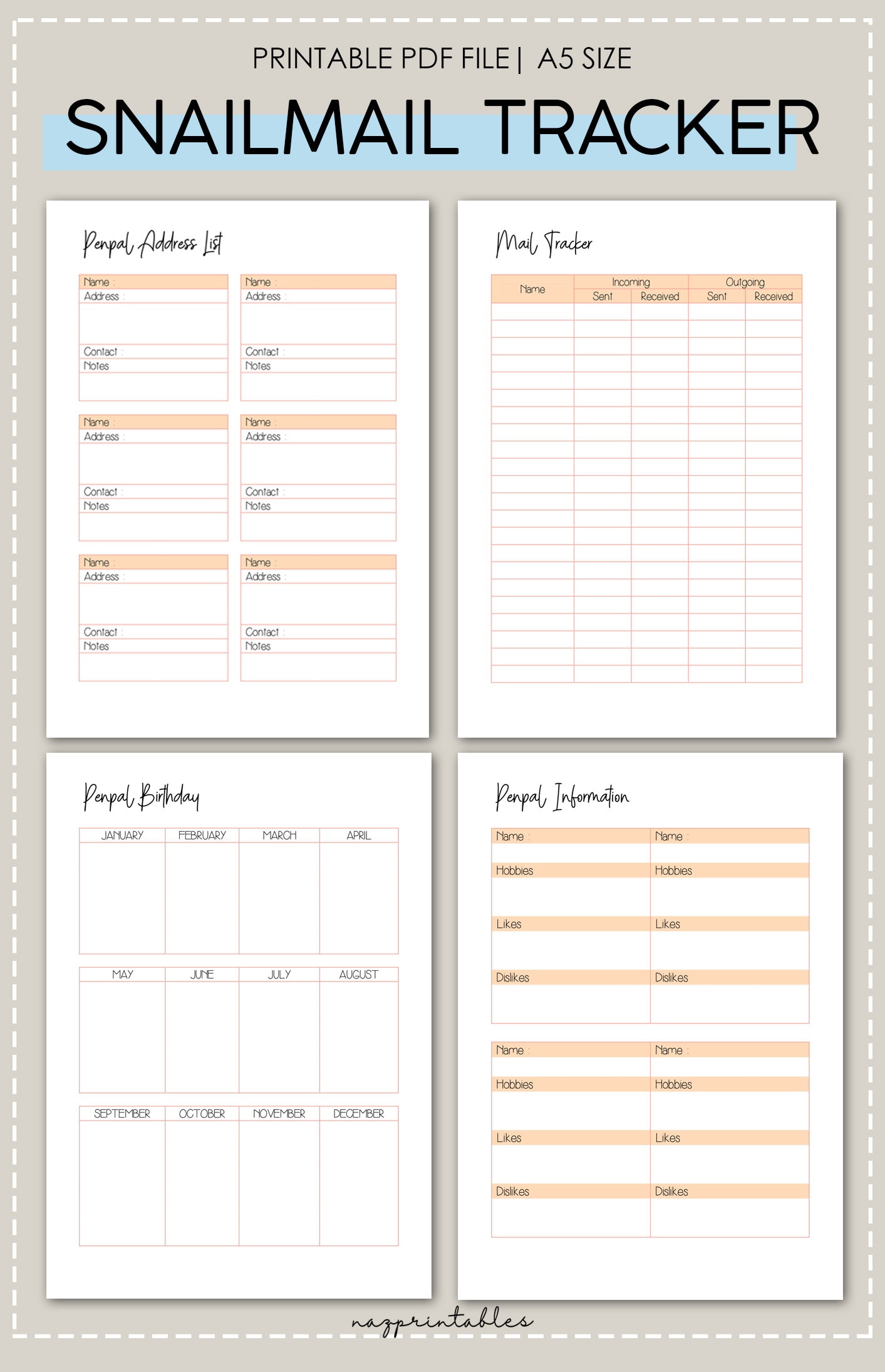 A5 Printable Snailmail Tracker | Penpal Address List | Mail Tracker ...