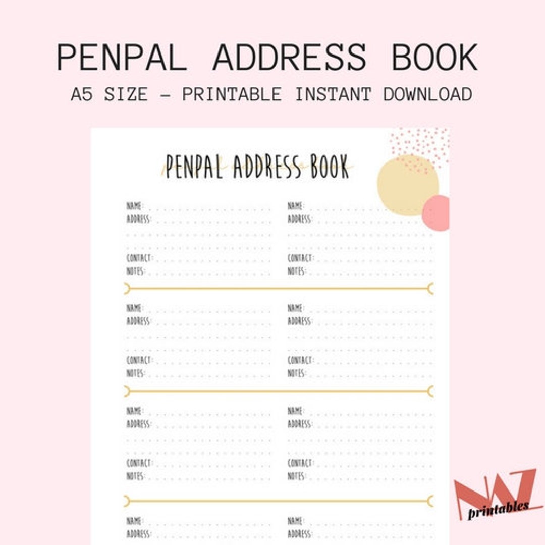 A5 Size Printable Penpal Address Book, Printable Pages, Planner Inserts ...