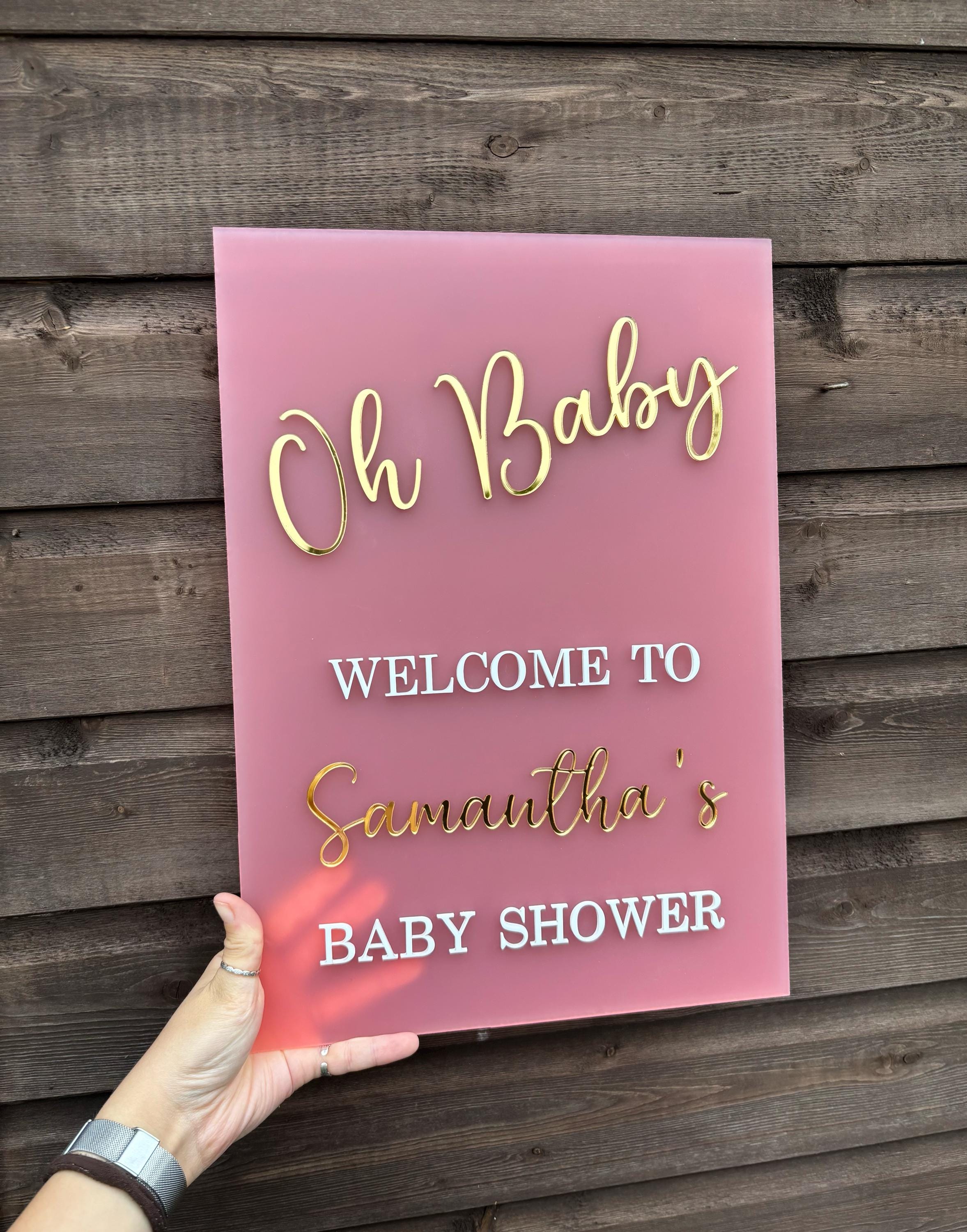 Baby Shower Welcome Sign - Frosted Pink Base With 3D Mirror and Shiny ...