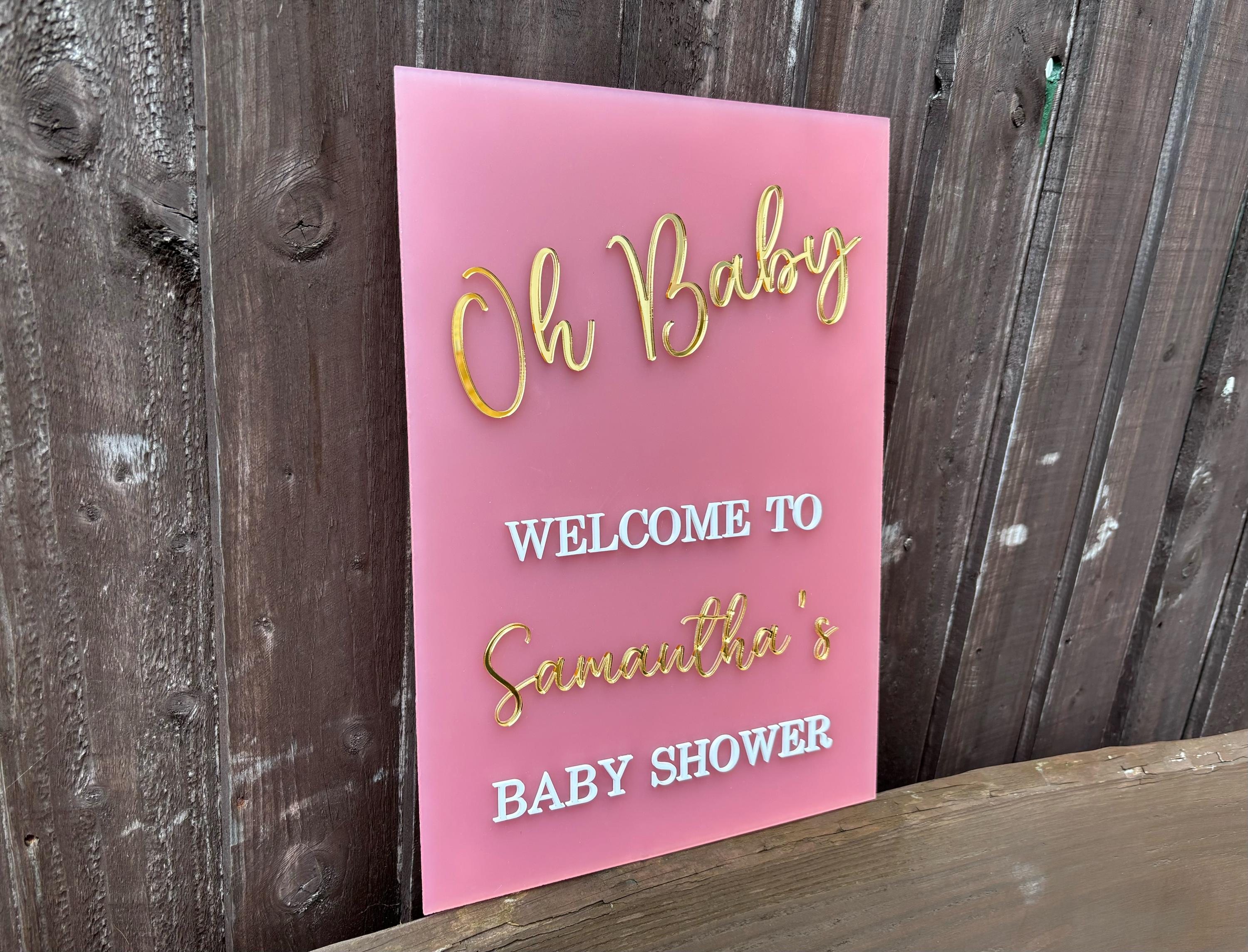 Baby Shower Welcome Sign - Frosted Pink Base With 3D Mirror and Shiny ...