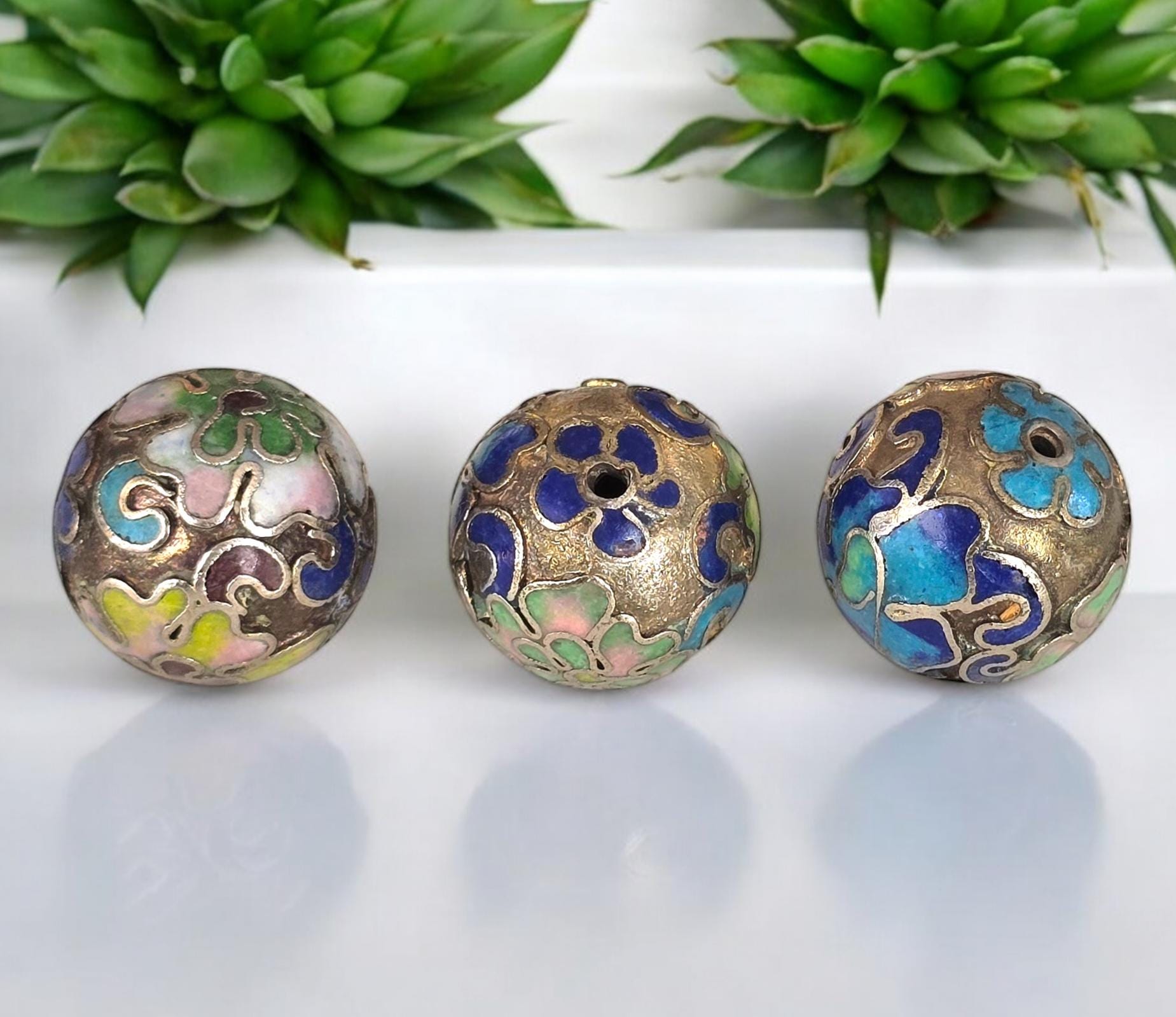 2 Vintage Cloisonne Beads With Enameled Floral Designs, 16mm Metal ...