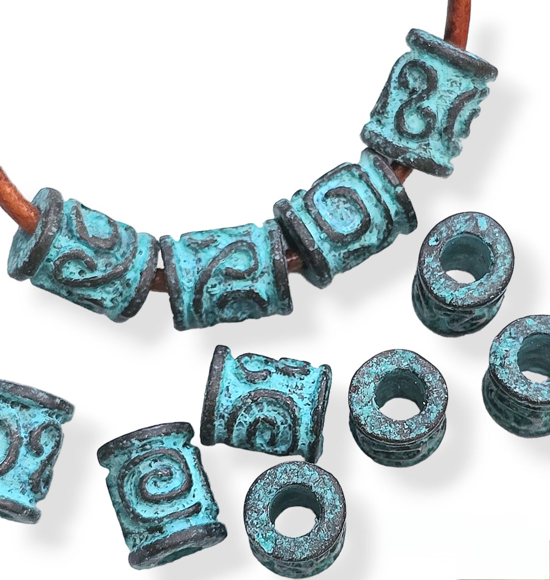 10mm Swirl Patina Metal Barrels, Spiral Key Oblong Beads, Rustic Greek ...