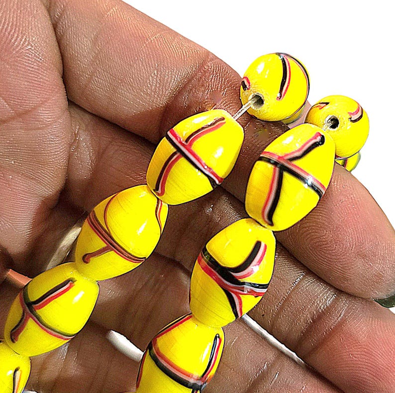 Yellow Lampwork Glass Beads, Cross Motif Bowed Tube, Venetian French ...