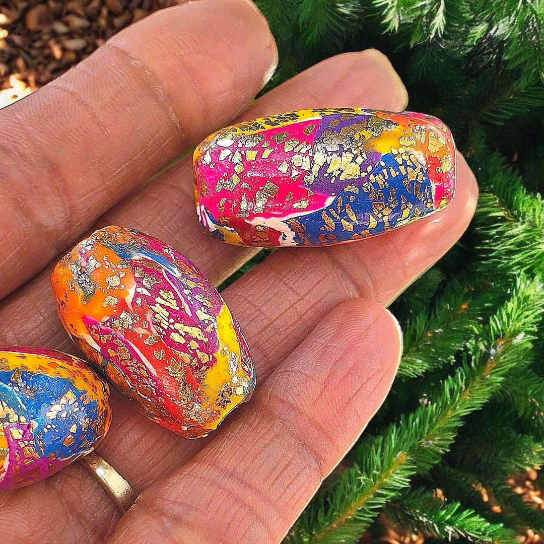 Handmade Polymer Clay Large Oval Mosaic Barrels, Vibrant Colors and ...