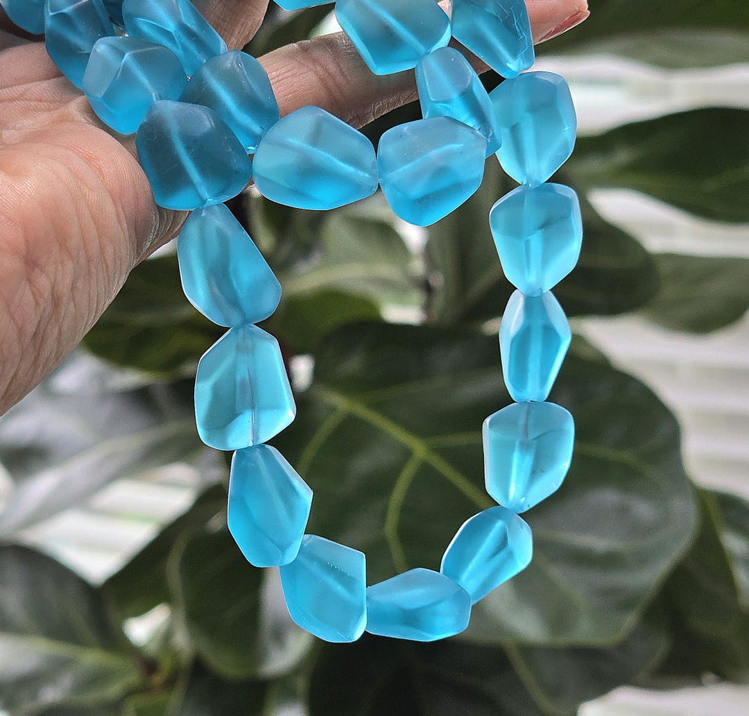 Frosted Glass Nuggets, Translucent Aqua Blue Beads, Imitation Sea Glass ...