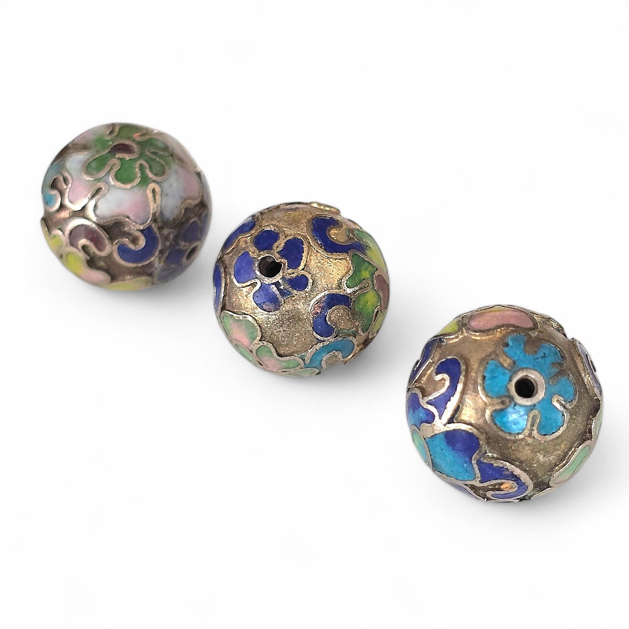 2 Vintage Cloisonne Beads With Enameled Floral Designs, 16mm Metal ...