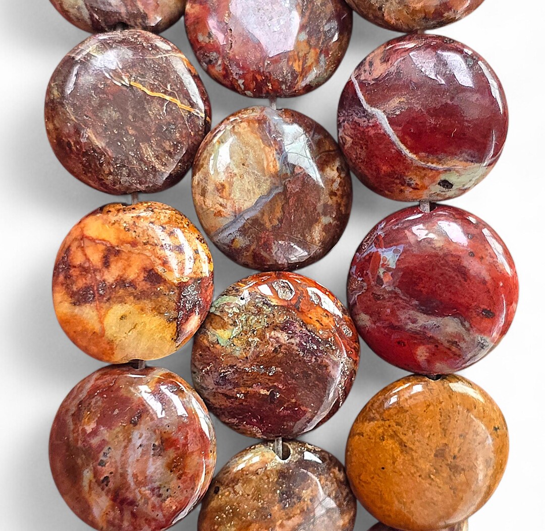 Earthy Red Mud Jasper Puff Coin Beads - Rustic Bohemian Gemstone - 16mm ...