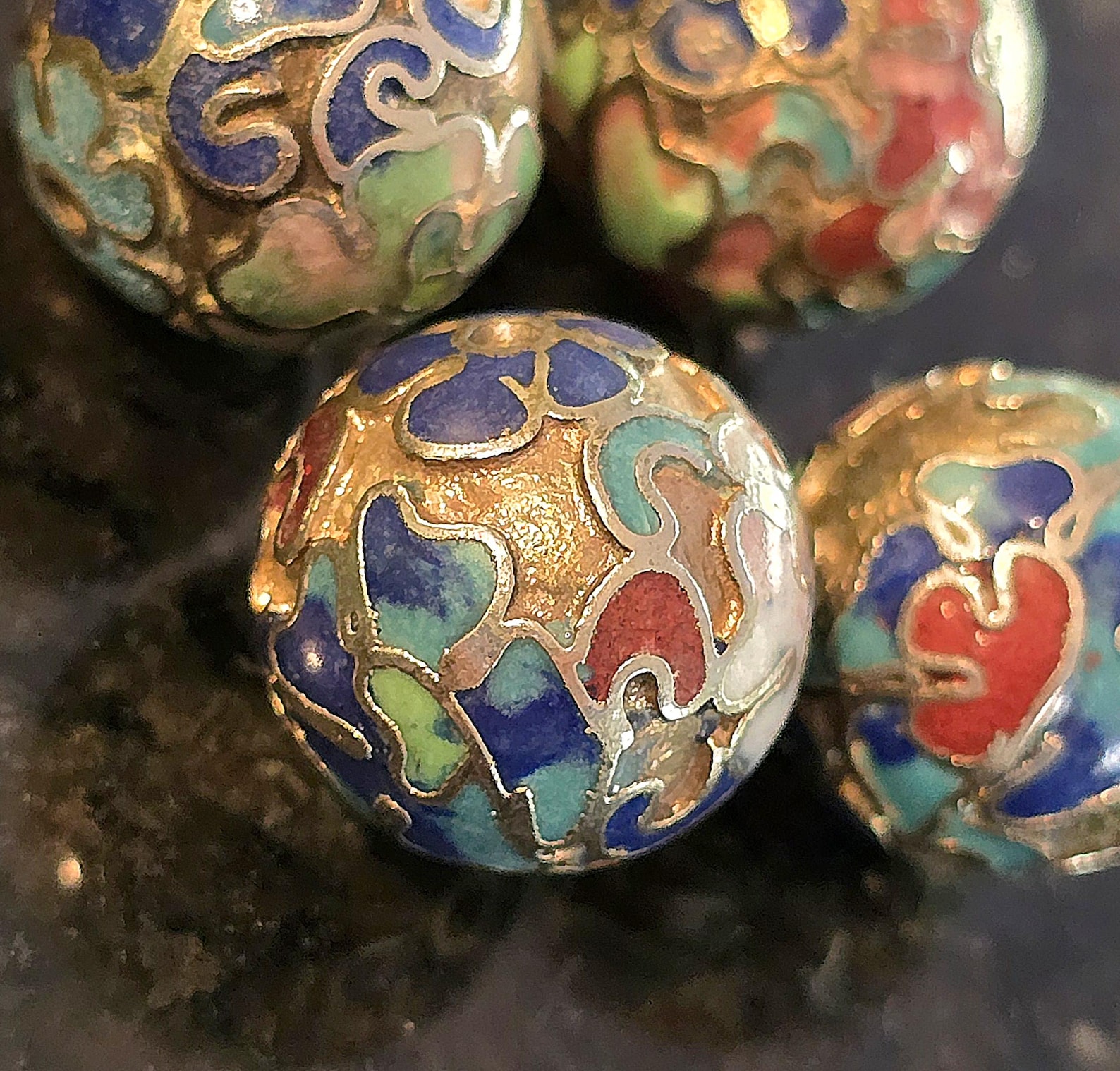 2 Vintage Cloisonne Beads With Enameled Floral Designs, 16mm Metal ...