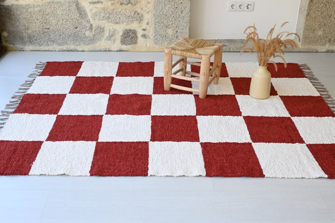 Checkerboard Terracotta and White Rug 5x7 Rug, Living Room Rug, Check ...