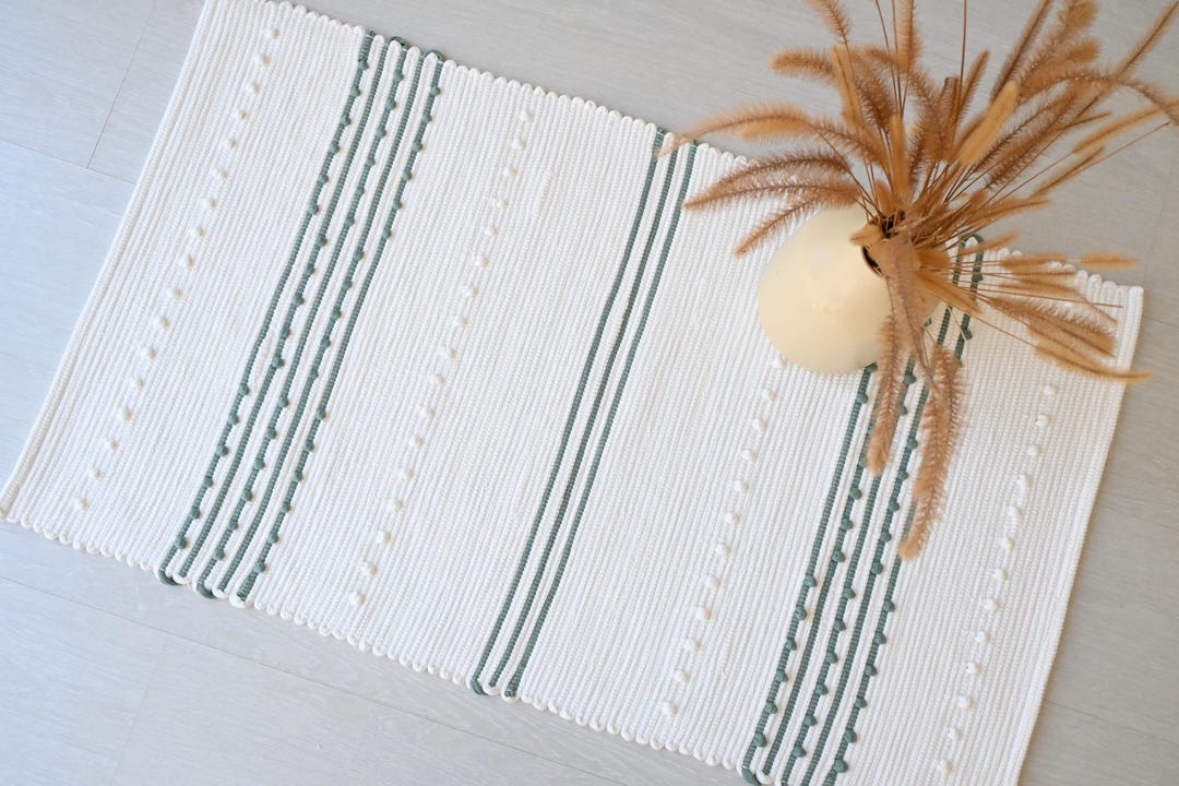 Small White Rug With Green Stripes, Bathroom Mat, Bedside Rug, Kids Rug ...