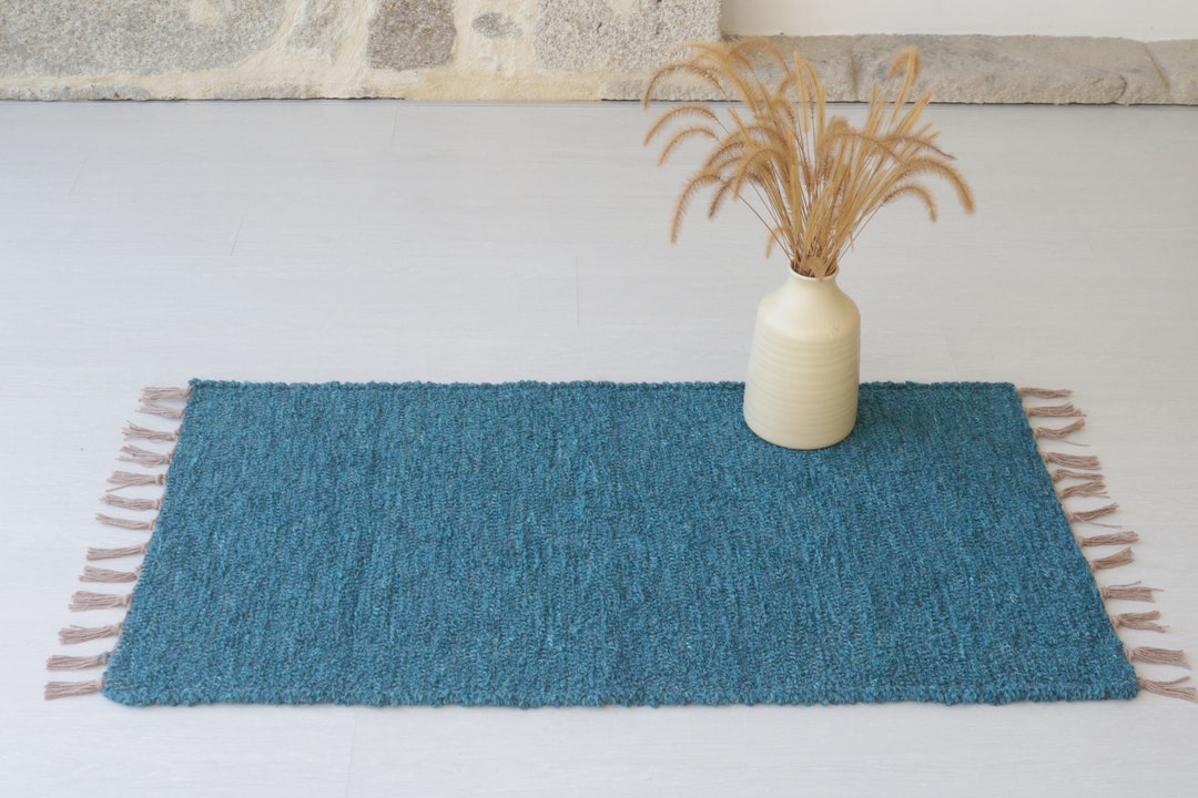 Small Handwoven Blue Rug, Blue Cotton Rug, Bath Rug, Bathroom Mat ...
