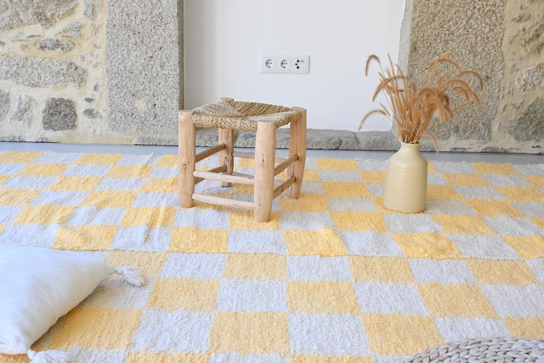 Large Check Ecru and Yellow Rug 200x300cm, Checkered Rug, Check Area ...