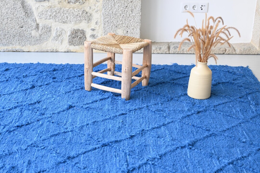Large Cobalt Blue Rug, Blue Diamond Design Rug, Bedroom Rug, Living ...