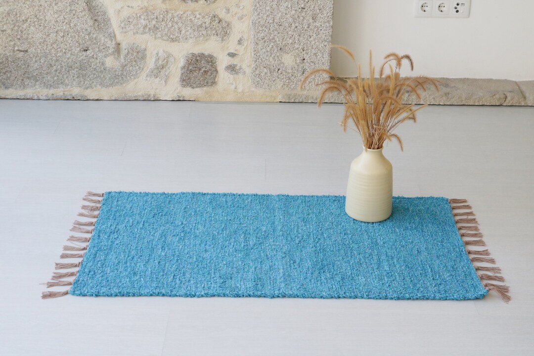 Small Handwoven Blue Cotton Rug, Bathroom Rug, Shower Rug, Kitchen Rug ...