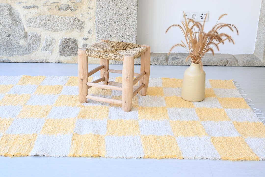 Medium Check Ecru and Light Yellow Rug, Hallway Rug, Bedroom Rug ...