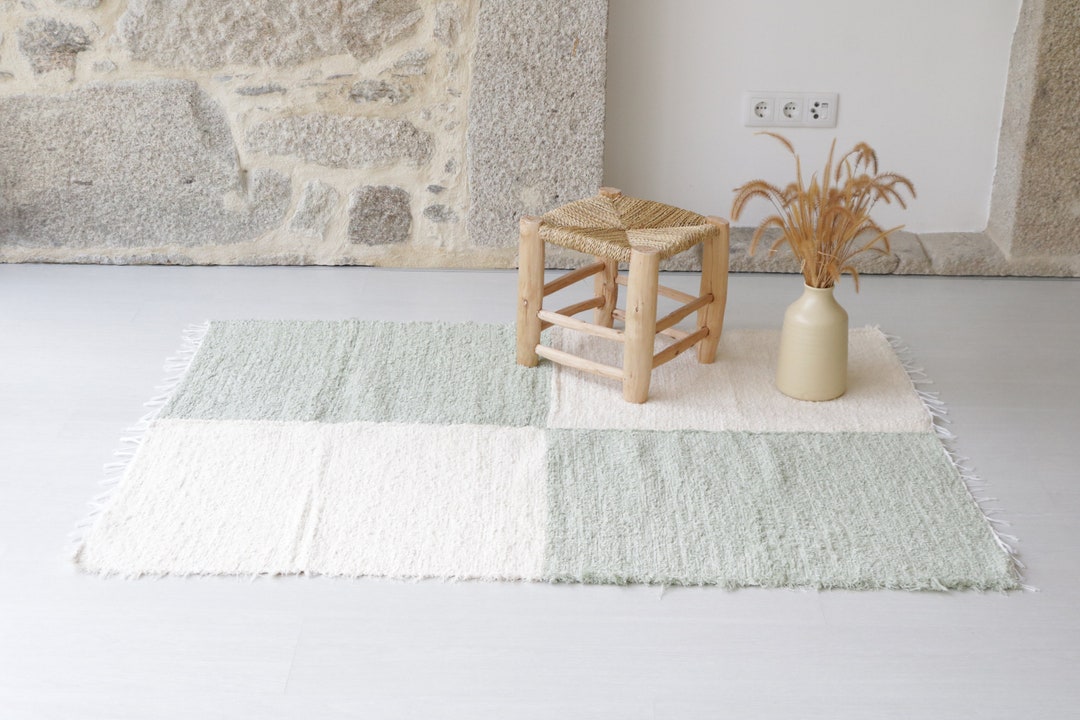 Medium Green and Beige Rug 100x150cm Bedroom Rug, Check Rug, Checkered ...
