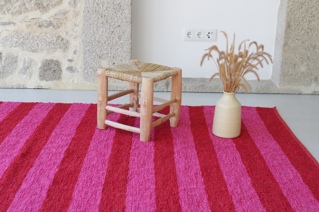 Large Striped Red and Pink Rug 140x200cm, Living Room Rug, Colored Rug ...