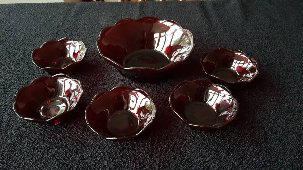 Deep Red Glass Set of Serving Dish and Five Individual Dishes - Etsy