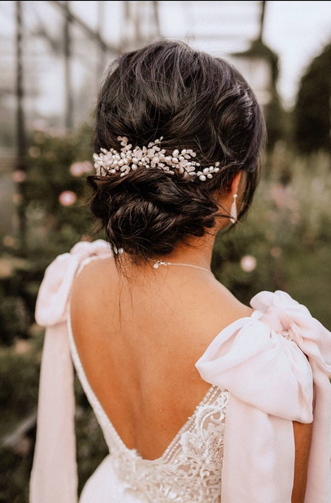 Pearl Bridal Headpiece, Wedding Back Hair Comb, Rose Quartz, Vine ...