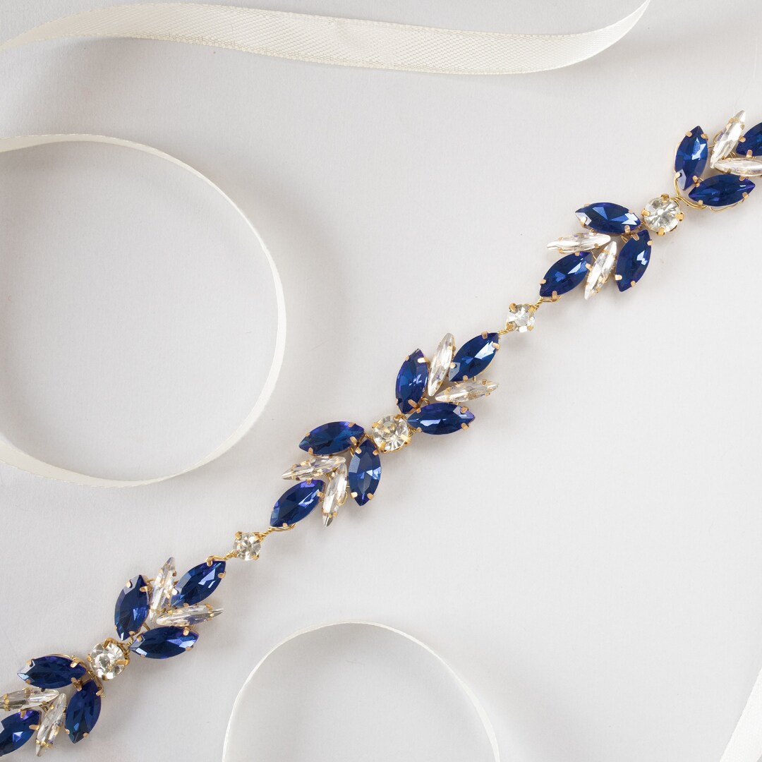 Navy Blue Bridal Rhinestone Belt, Wedding Dress Sash, Beaded Gown ...