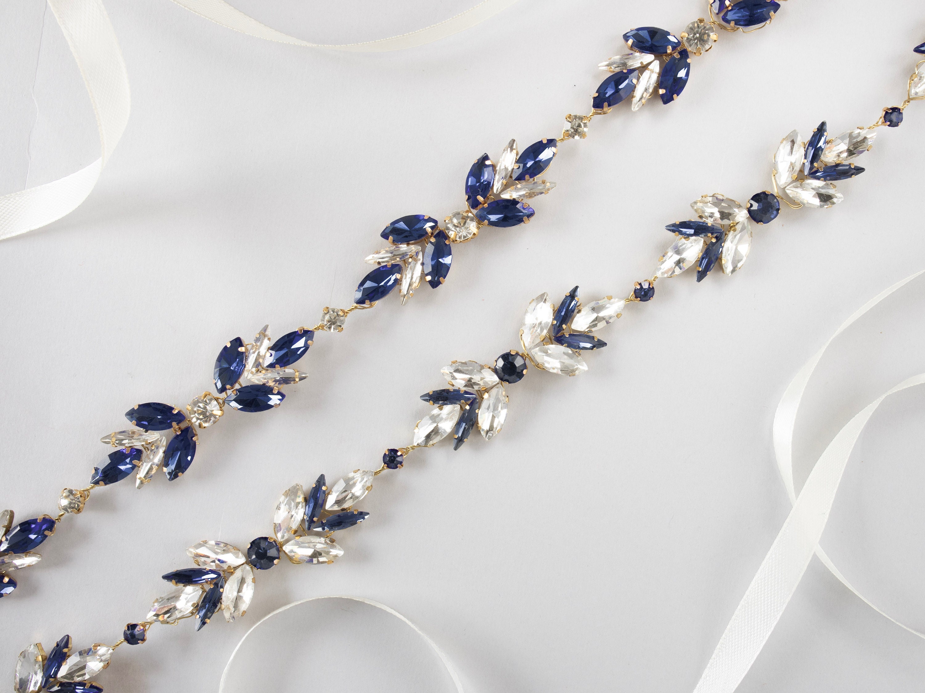 Navy Blue Bridal Rhinestone Belt, Wedding Dress Sash, Beaded Gown ...