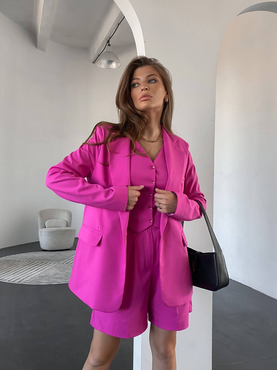Pink Women Blazer, Fuchsia Jacket, 3-piece Pantsuit, Oversized Blazer ...