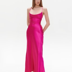 Fuchsia Pink Silk Satin Maxi Slip Dress, Pink Silk Dress Bias Cut Dress, Satin Dress, Wedding ...