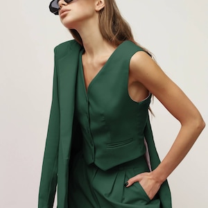 Emerald Women's Vest, Three Piece Suit, Green Pantsuit, Dark Green Palazzo, Office Set, Formal ...