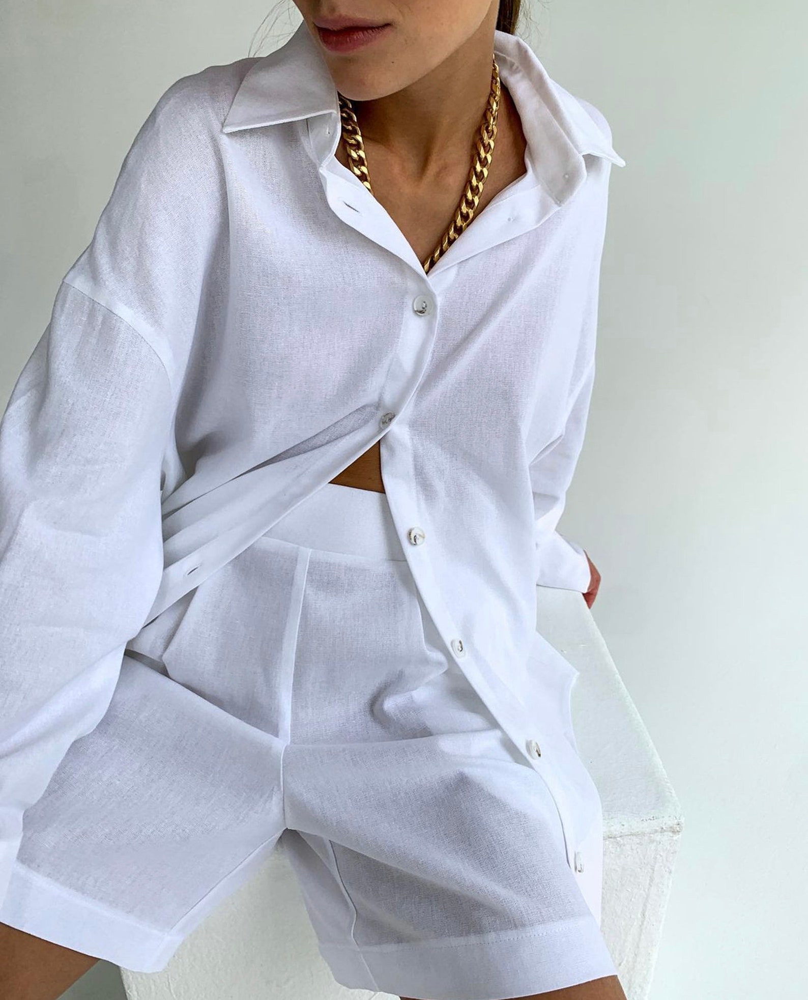 White linen set Linen Shirt And Short Women Shirt Women | Etsy