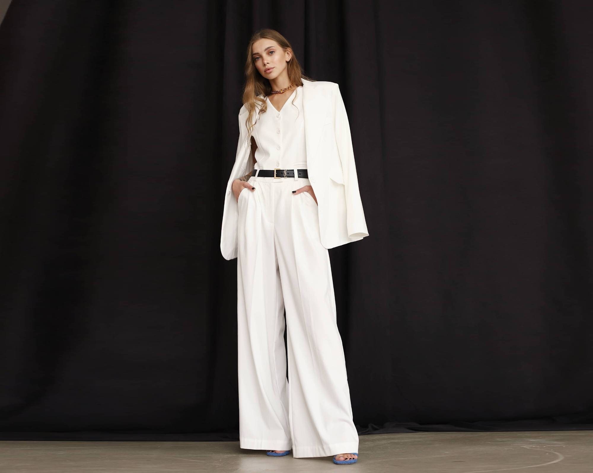 Elegant White Wedding Suit for Bride, Custom Tailored Bridal Pantsuit ...