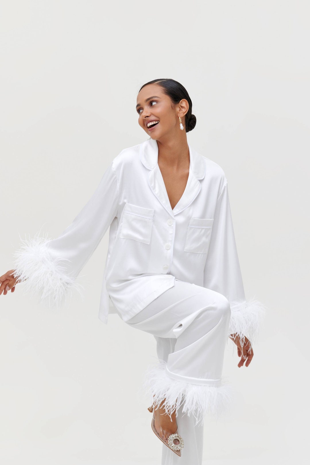 White Bridal Pajamas Set, Bride Pajama Set With Feather, Feather ...