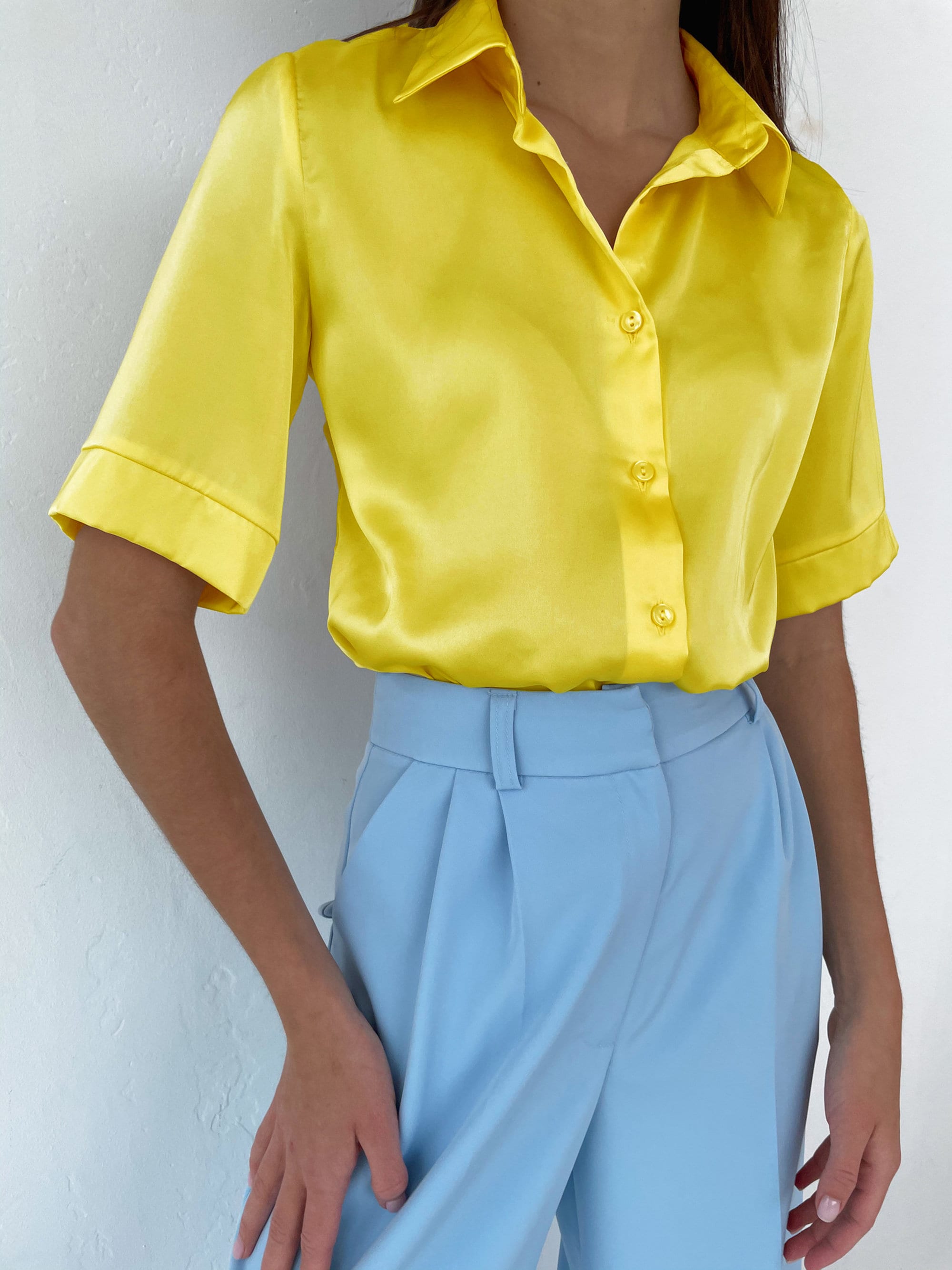 Yellow Silk Blouse Silk Shirt Women Yellow Satin Blouse - Etsy