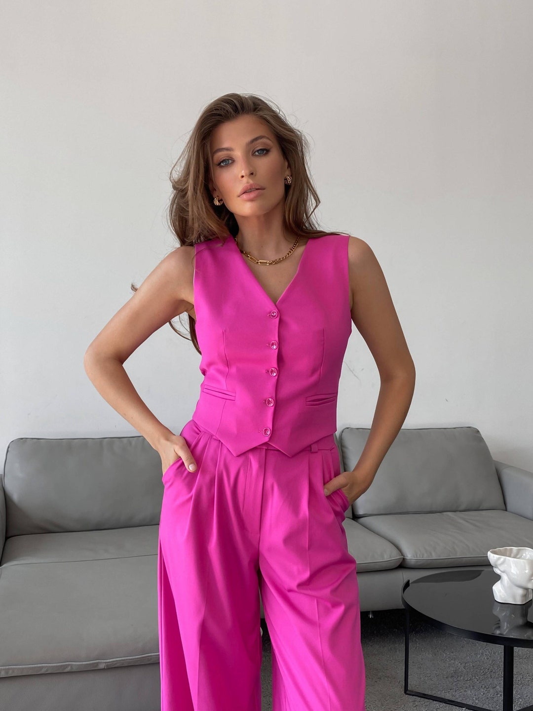 Pink Woman Waistcoat, Summer Waistcoat, Suit Vest, Fuchsia Formal Vest ...