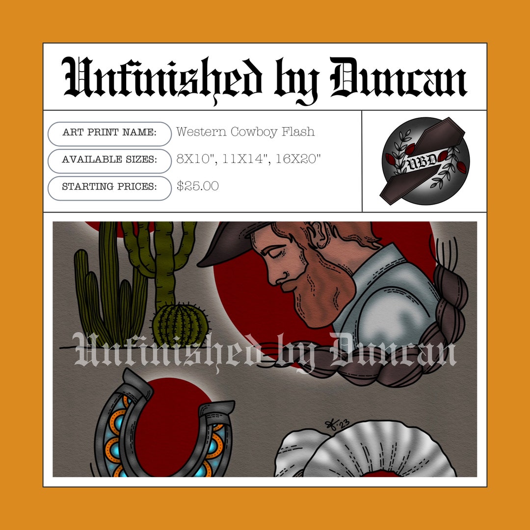 Western Cowboy Flash Sheet Traditional Tattoo Art Print western, Desert ...