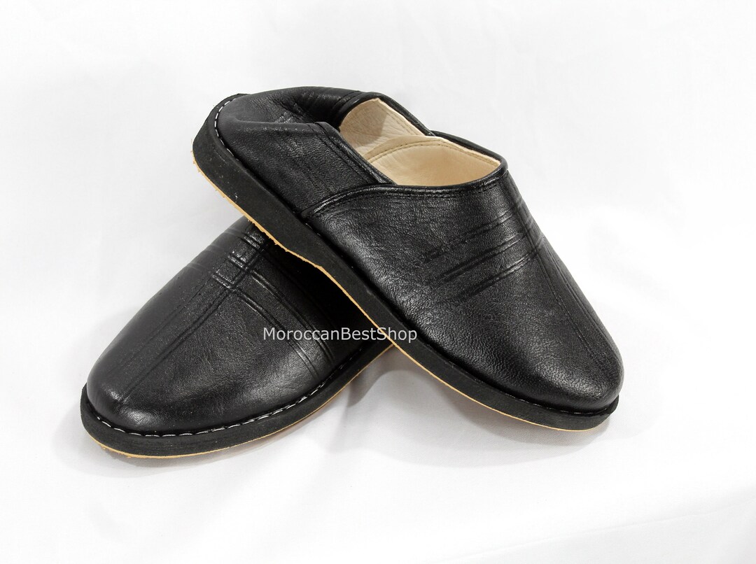 Black Moroccan Babouches, Leather Men Slippers Shoe, Berber Babouche ...