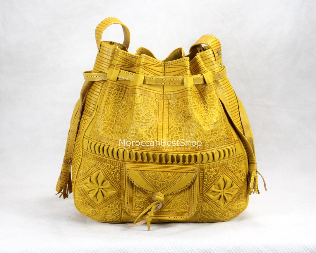 Moroccan Shoulder Bag, Leather Bucket Bag, Leather Purse, Drawstring ...