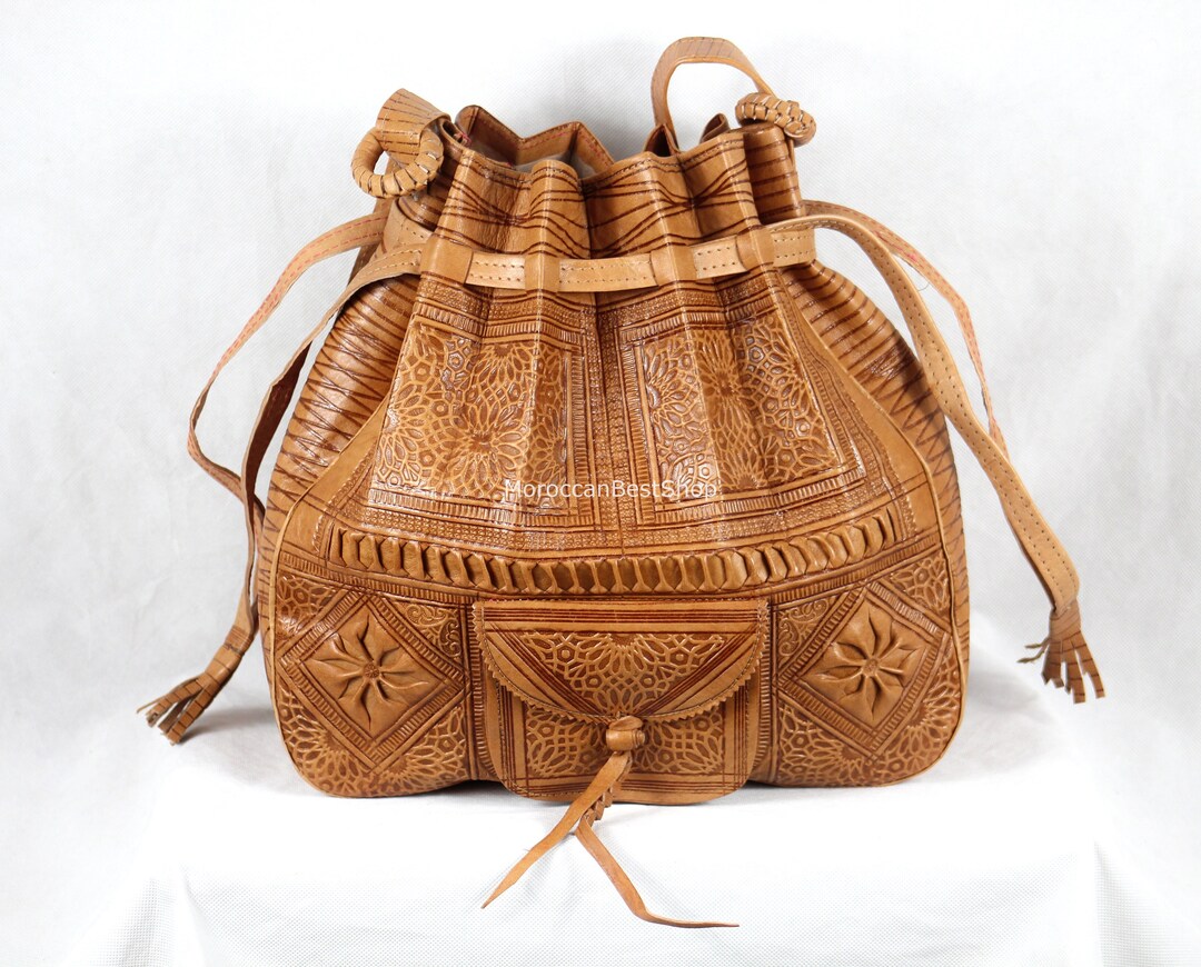 Large Drawstring Leather Bag, Moroccan Leather Bag ,boho Leather Bag ...