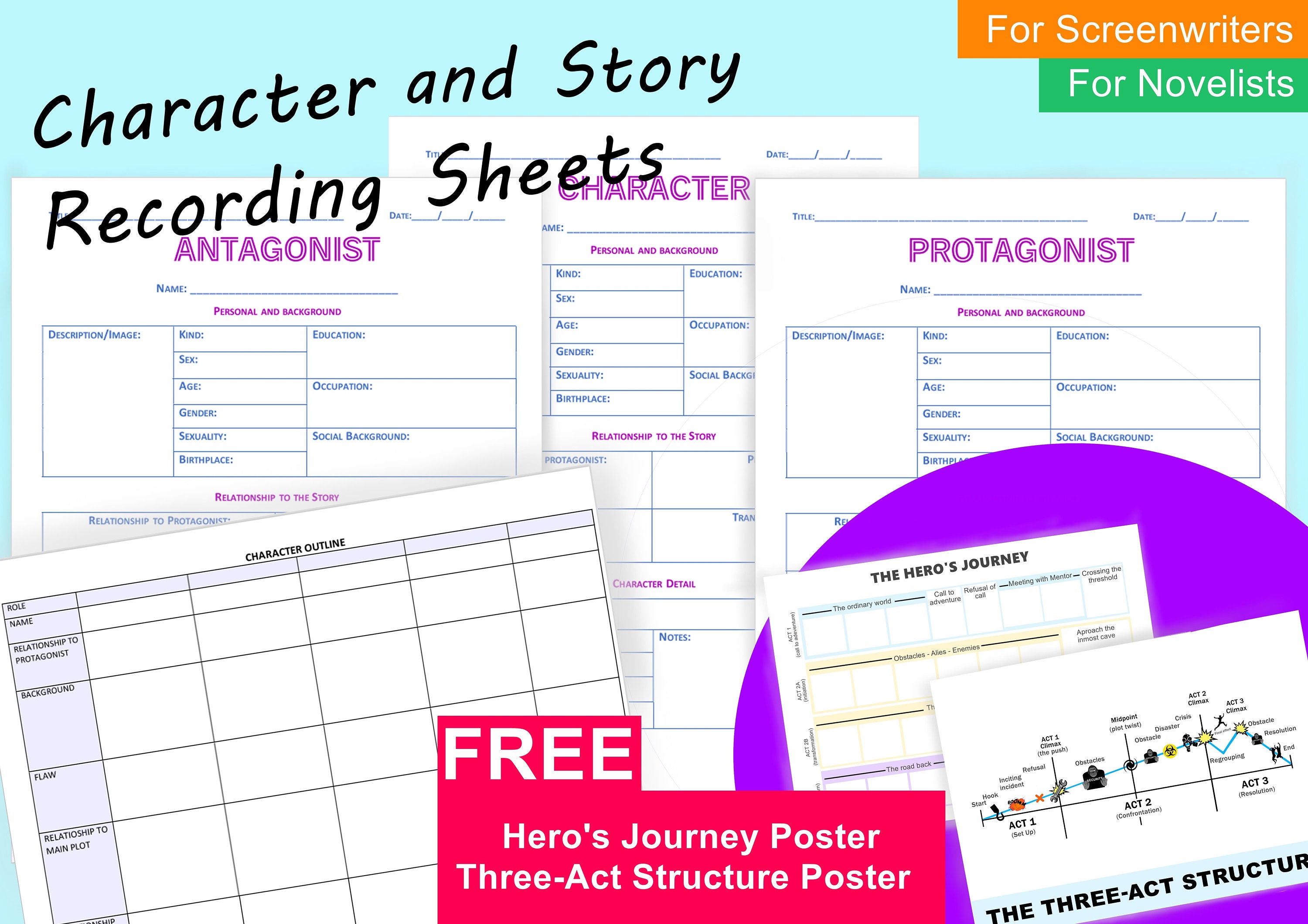 Story and Character Detail Recording Templates | Three-act Structure ...