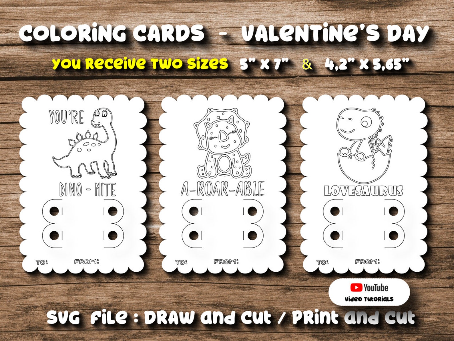 Set 3 Svg Coloring Card Valentines Day Kids Dinosaur Dino - Etsy