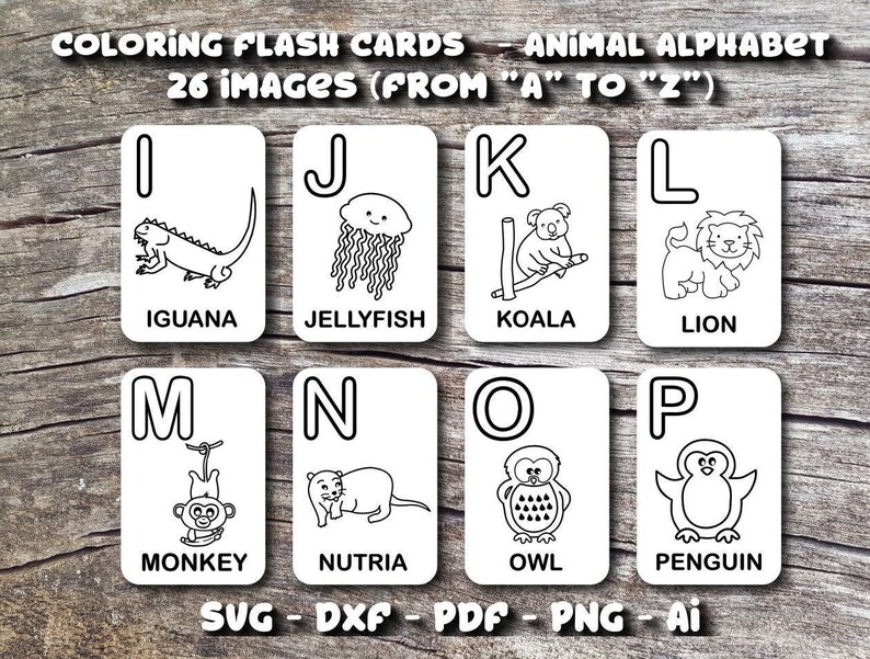 Svg Coloring Flash Cards Animal Alphabet From a to - Etsy