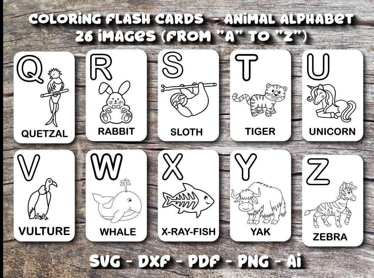 Svg Coloring Flash Cards Animal Alphabet From a to | Etsy